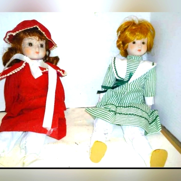 Toys | Vintage Porcelain Dolls In Red And Green Dresses | Poshmark